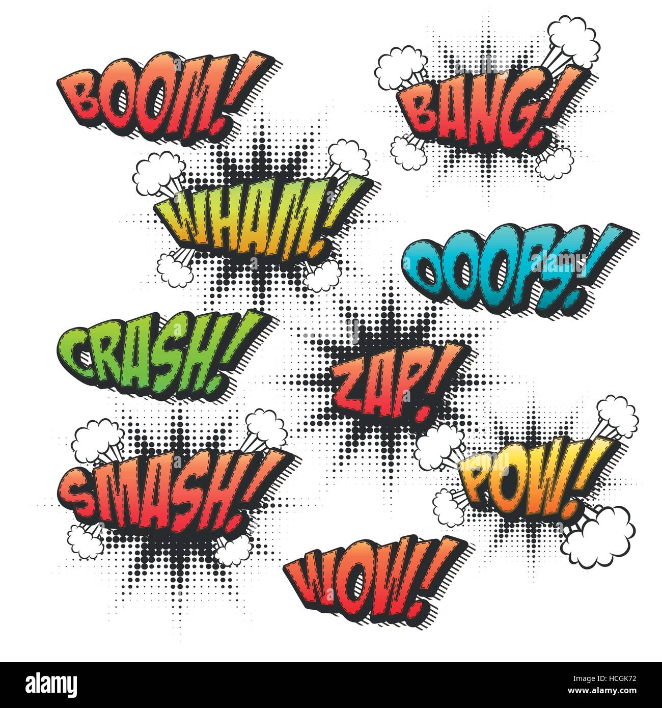 vivid colorful comic sound effects set over white background Stock ...