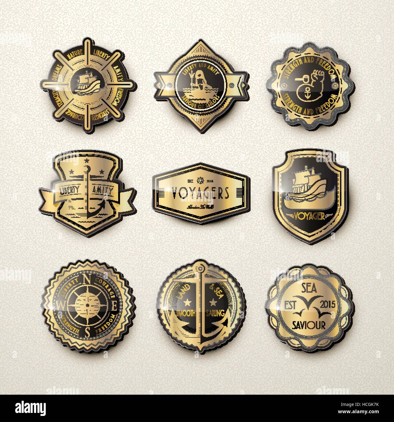 set of gorgeous golden marine emblems isolated on beige background ...