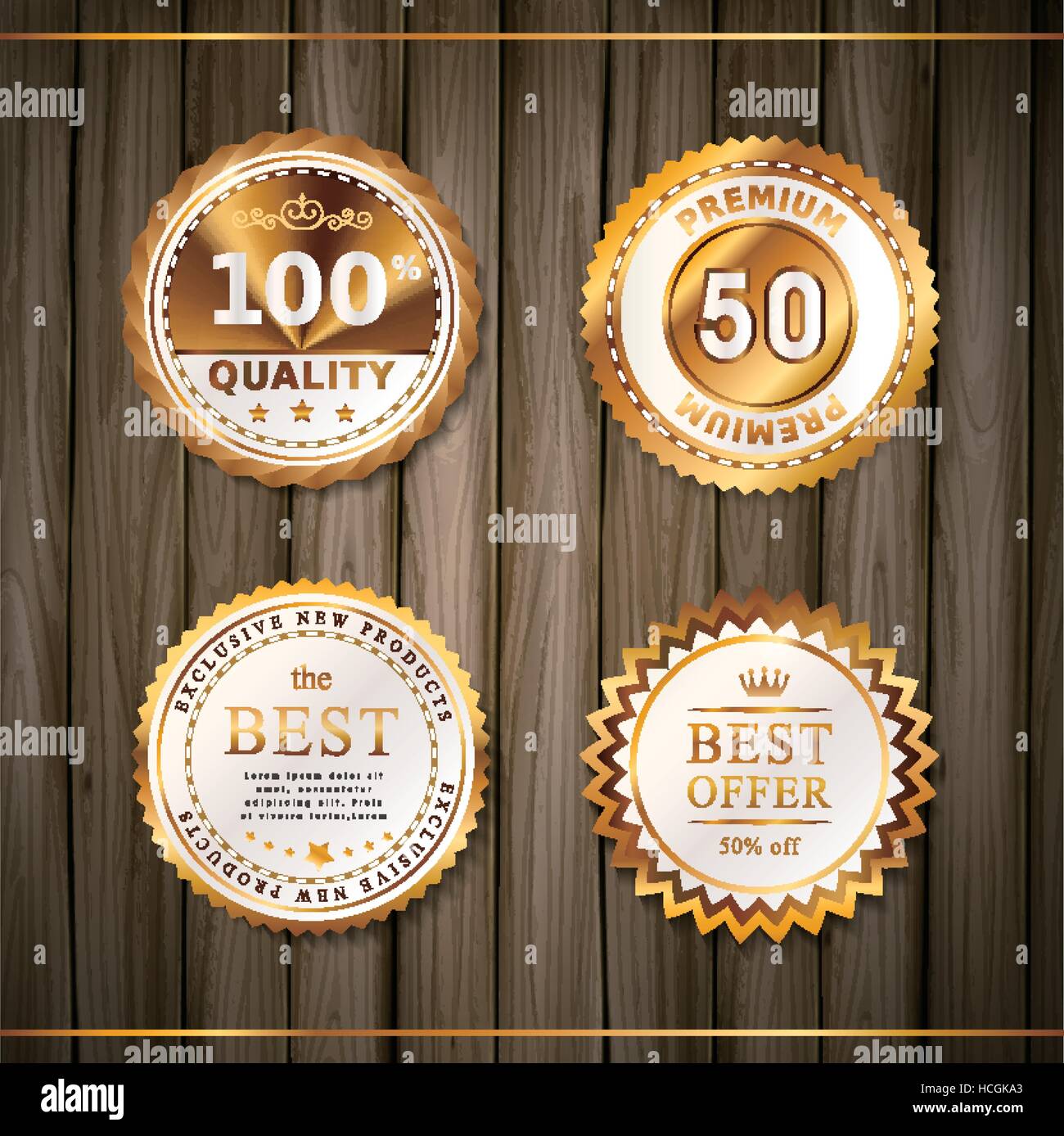 premium quality round gold labels collection over wooden plates Stock ...