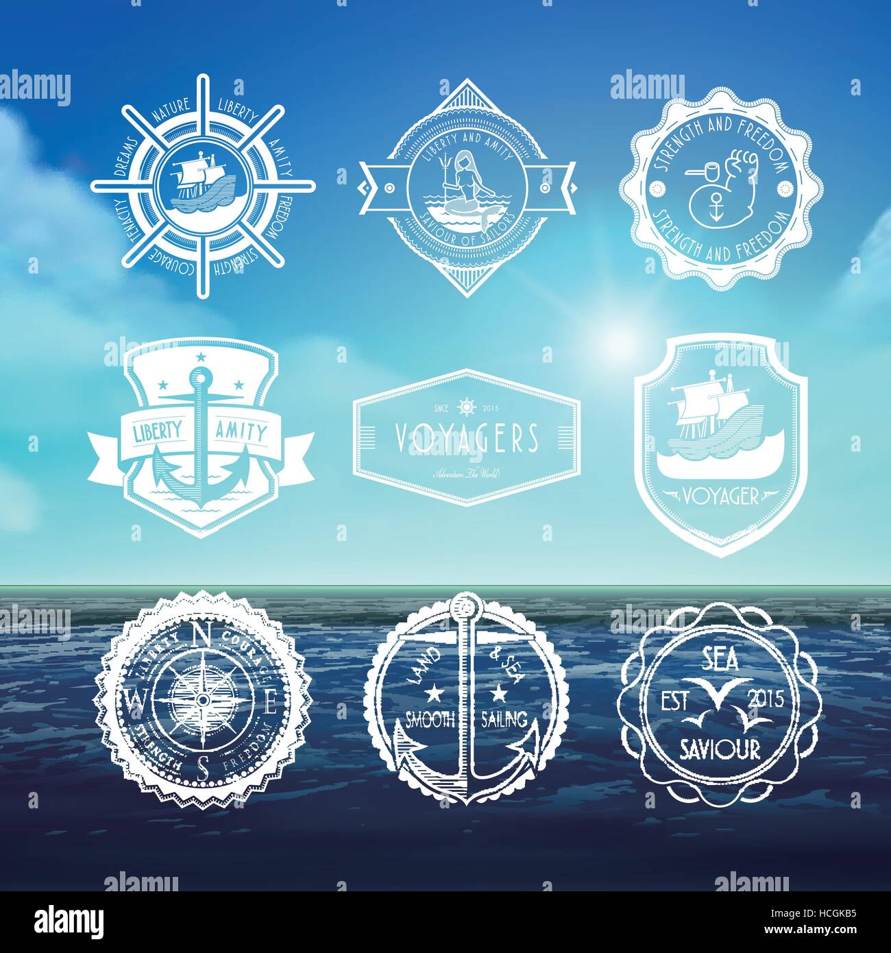set of vintage marine emblems isolated on sea background Stock Vector ...