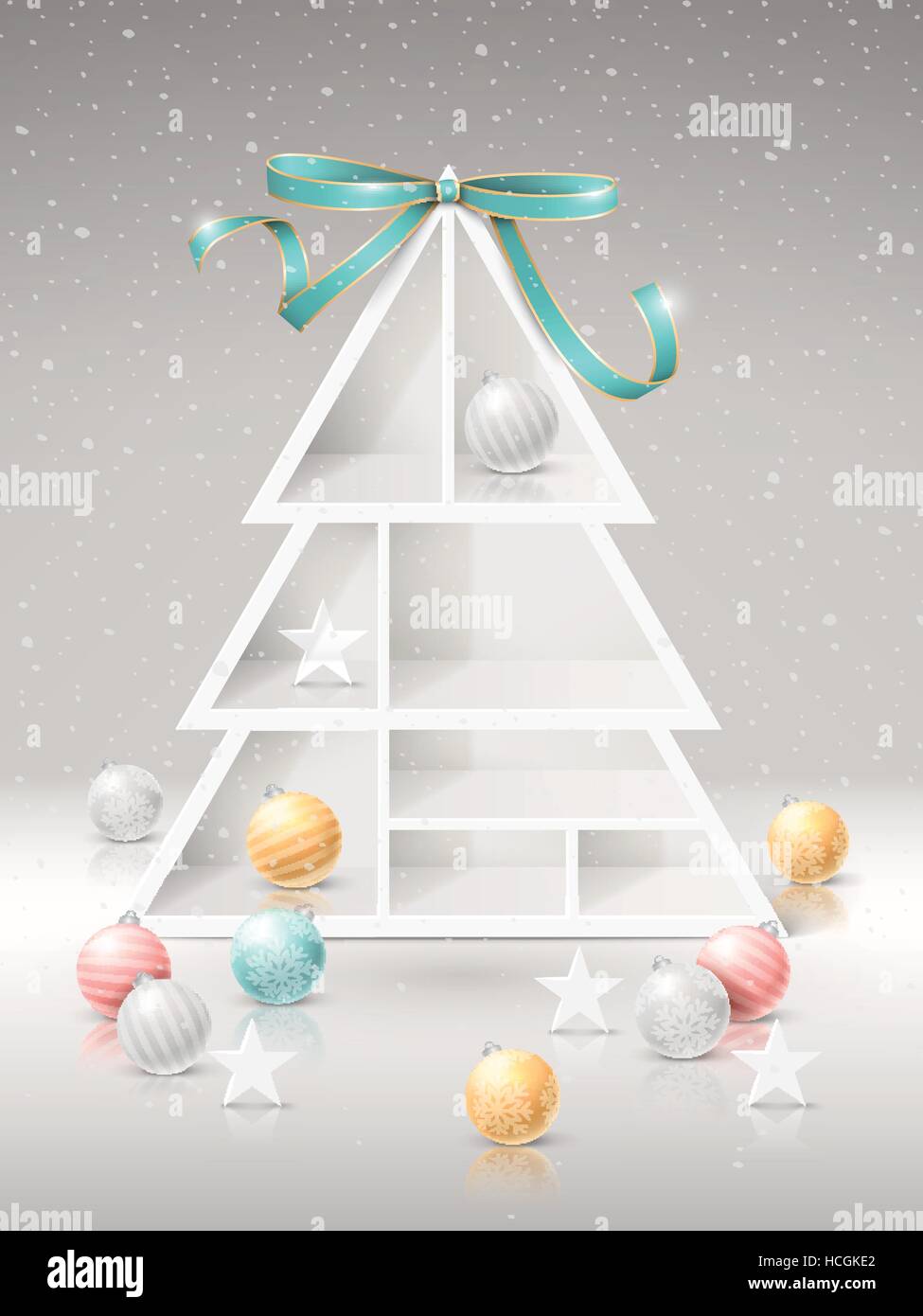 Christmas tree shelves with decorations over snowy background Stock ...