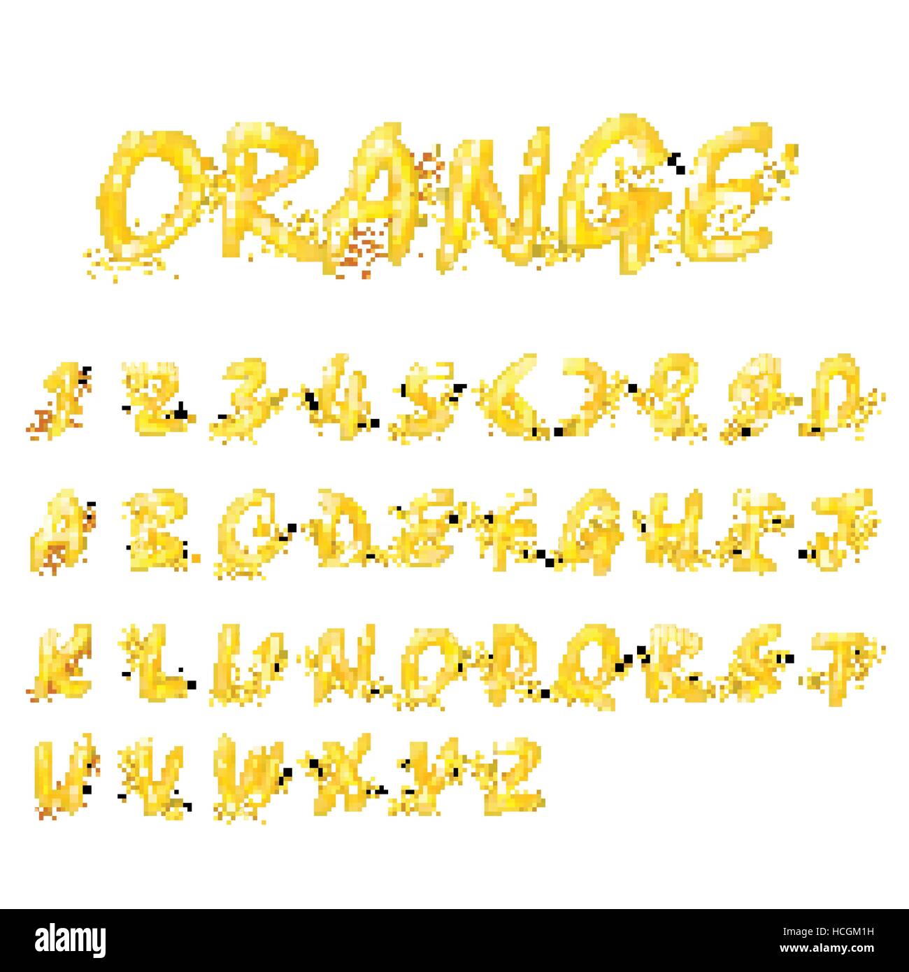 liquid orange alphabets and numbers collection isolated on white ...