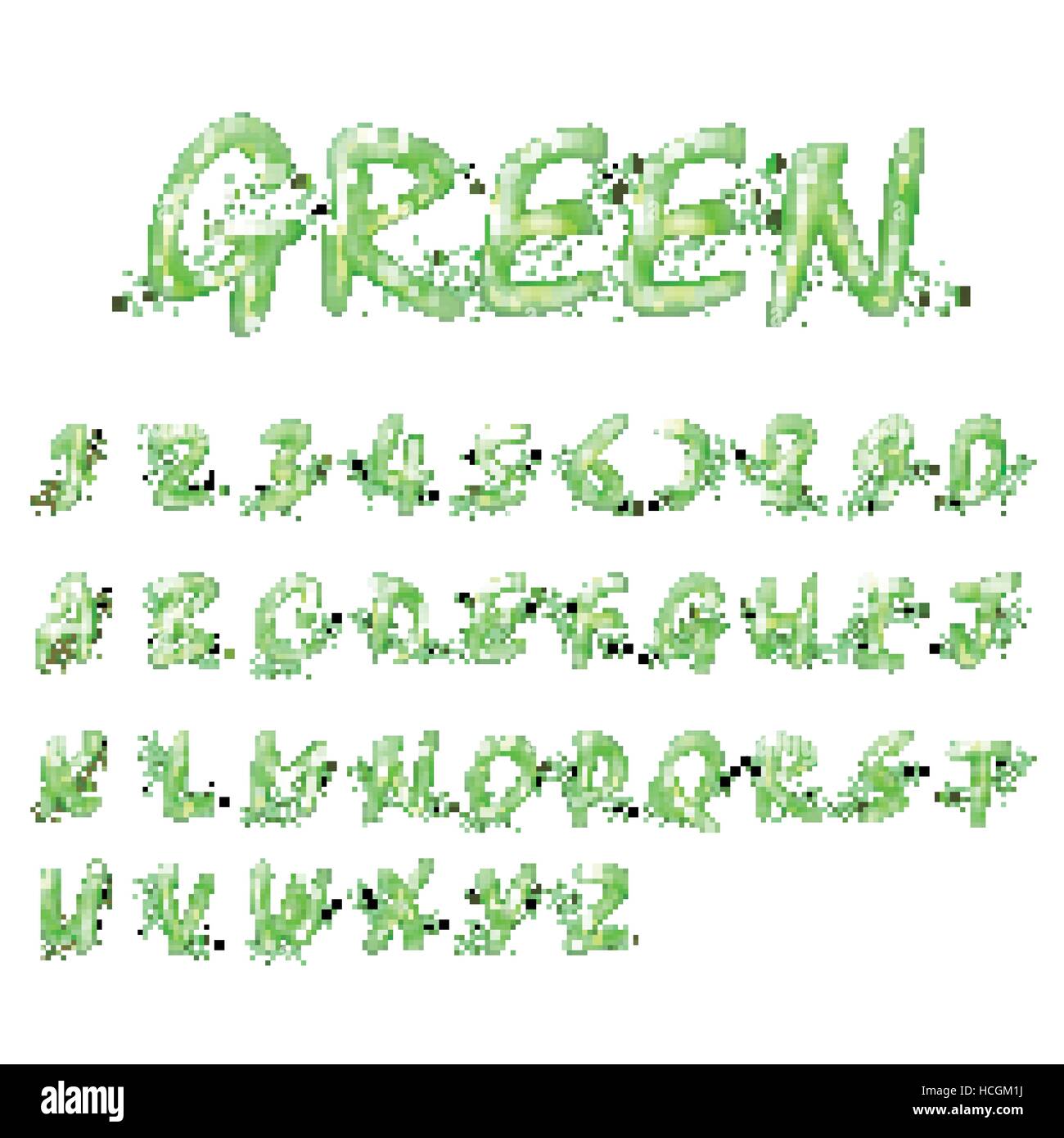 liquid green alphabets and numbers collection isolated on white ...