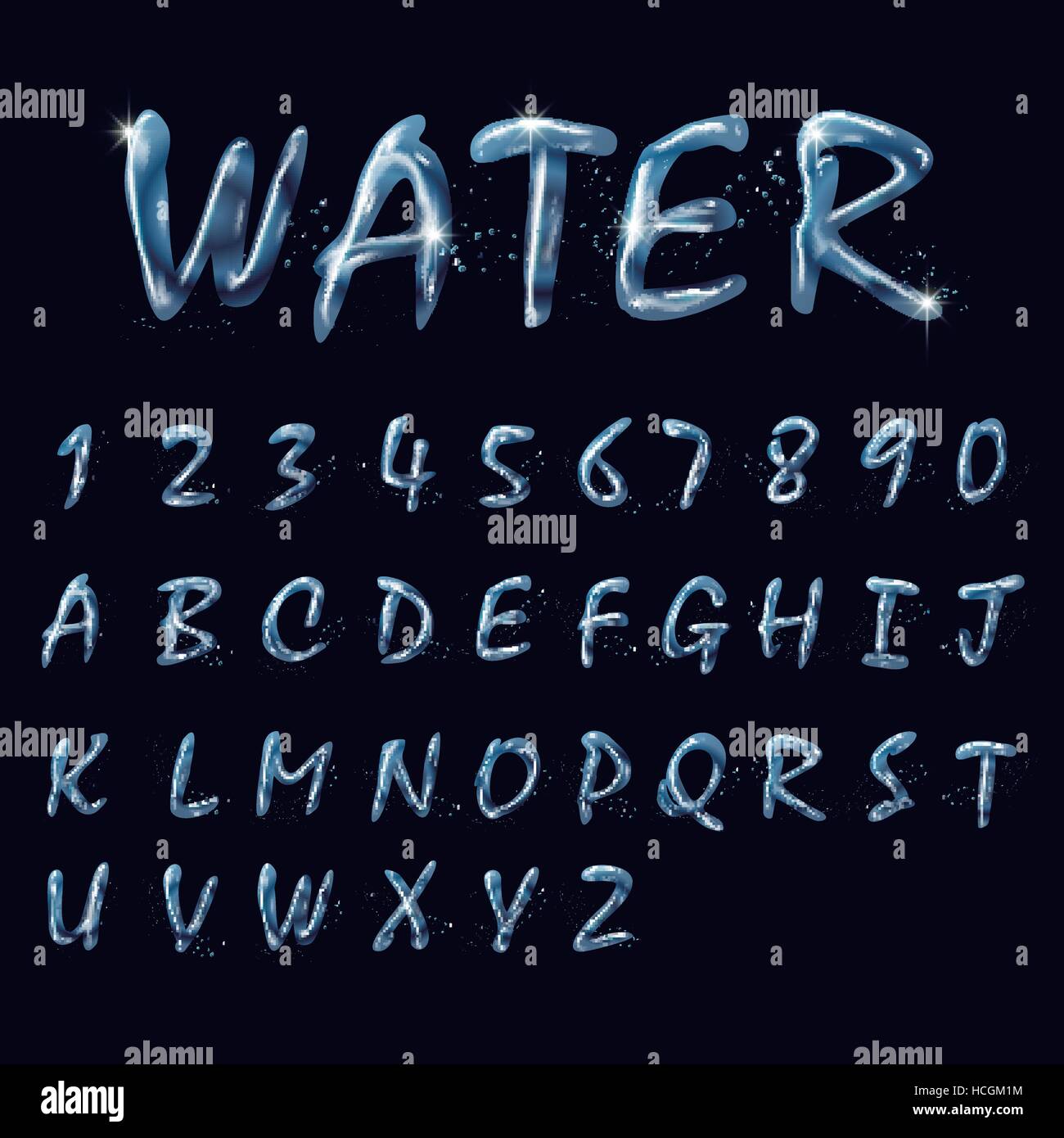 pure water alphabets and numbers collection isolated on black ...