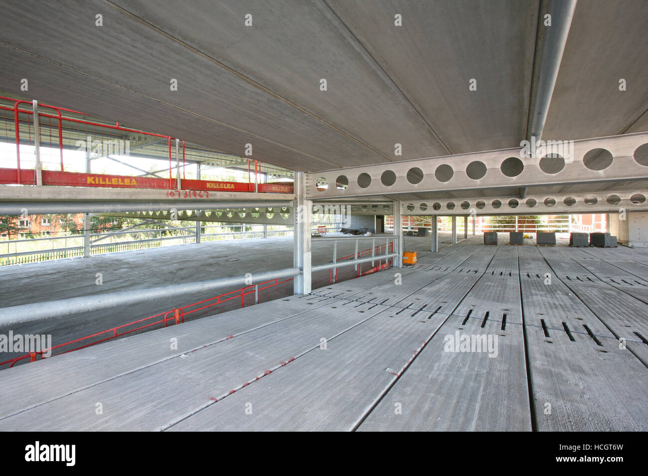 Construction site, PCC precast plank floor deck, structural steel frame ...