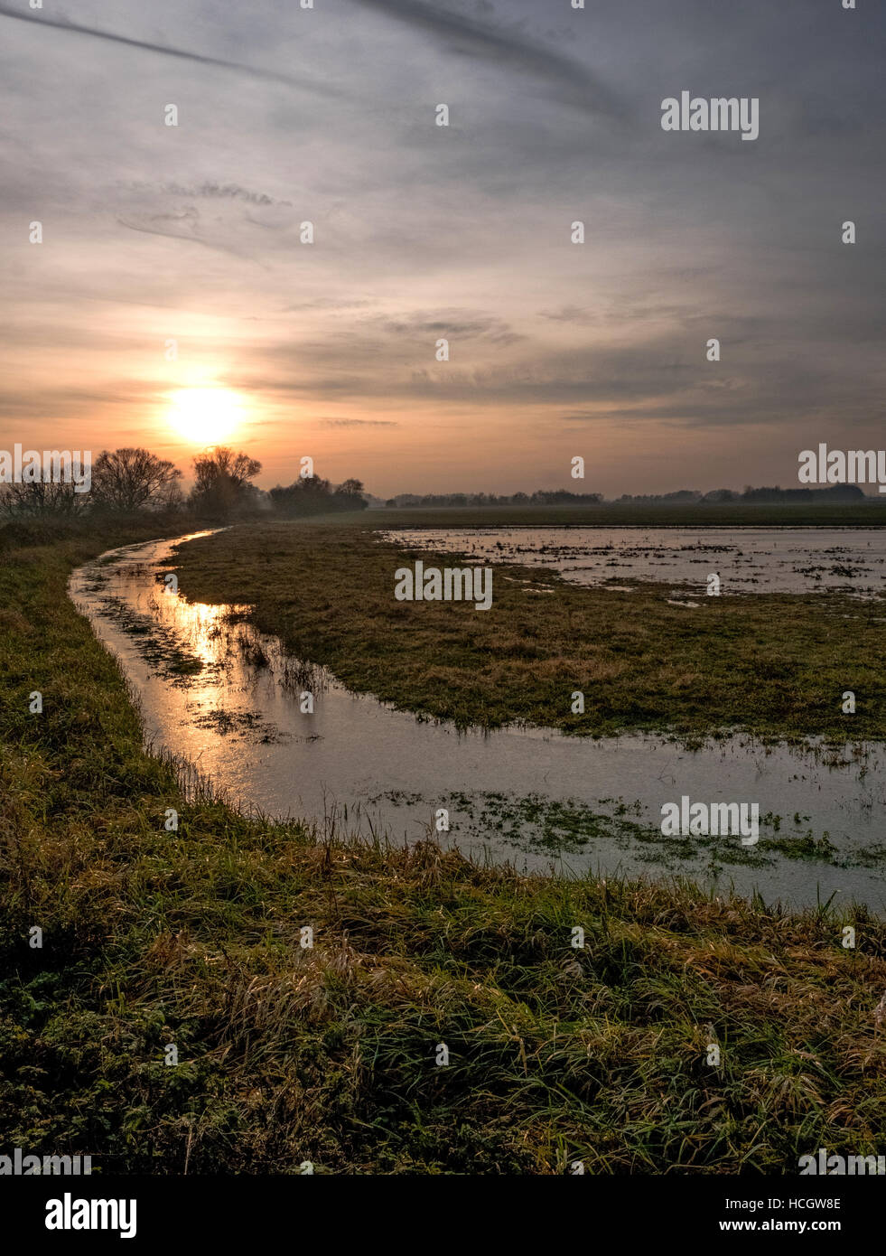 Winter sunset of a large wetlands nature reserve, showing the large ...