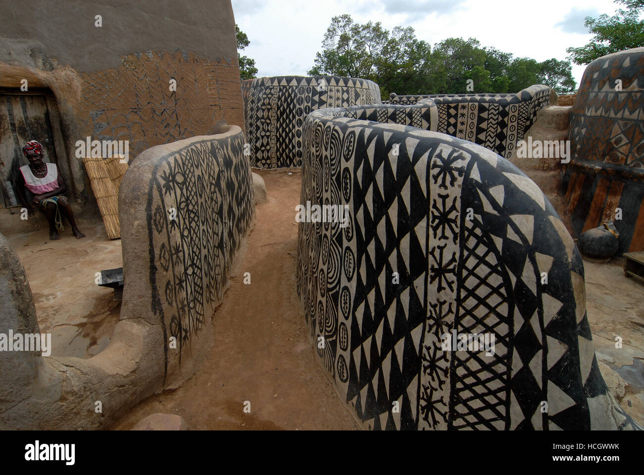 BURKINA FASO, Po, village Tiebele of Kassena tribe , clay huts with ...