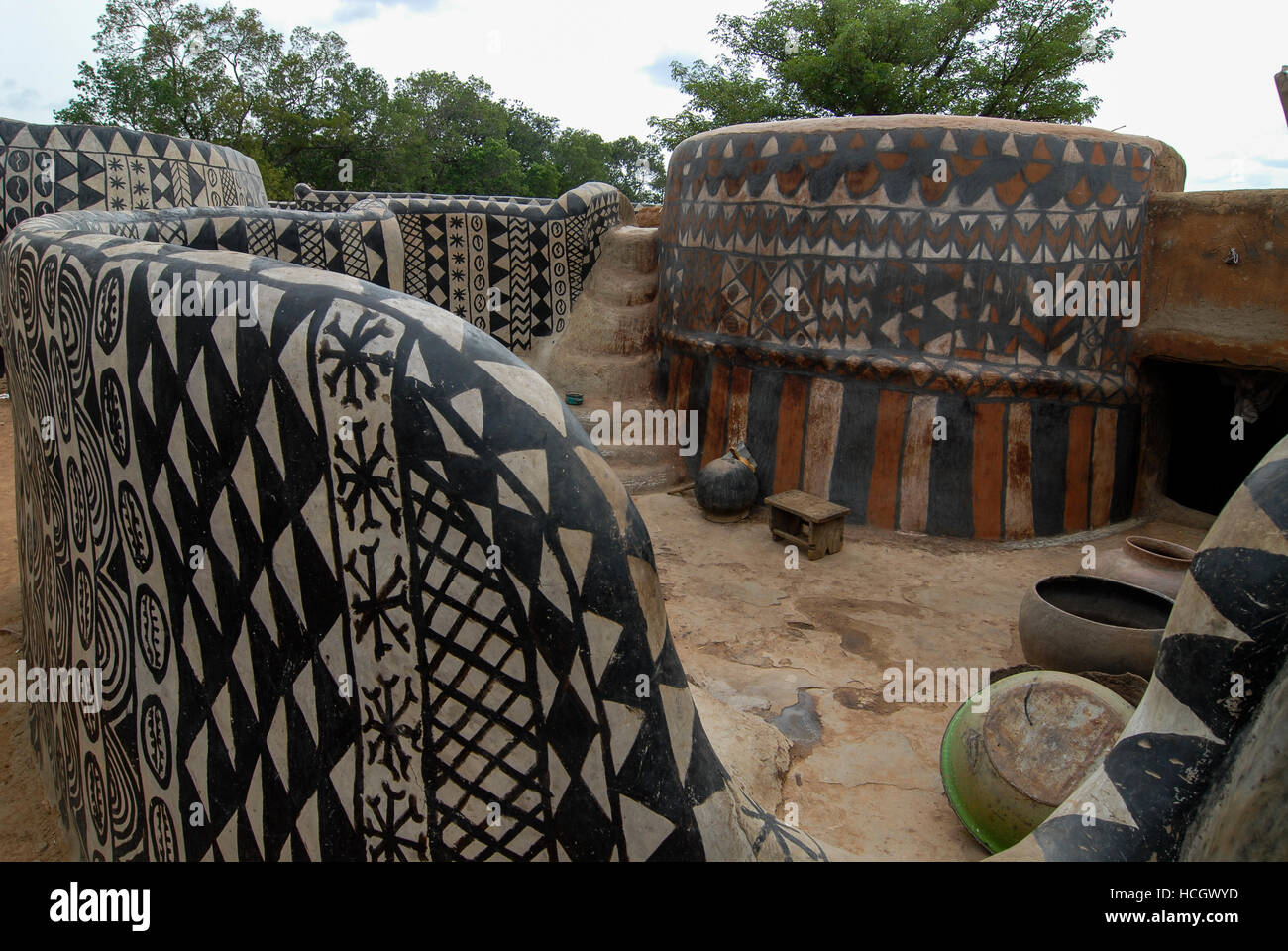 BURKINA FASO, Po, village Tiebele of Kassena tribe , clay huts with ...