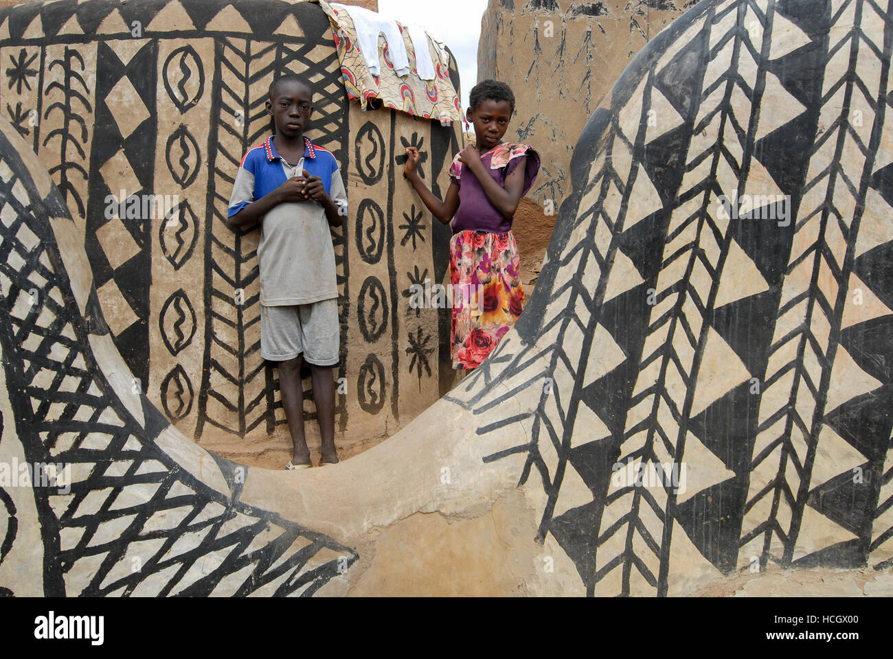BURKINA FASO, Po, village Tiebele of Kassena tribe , clay huts with ...