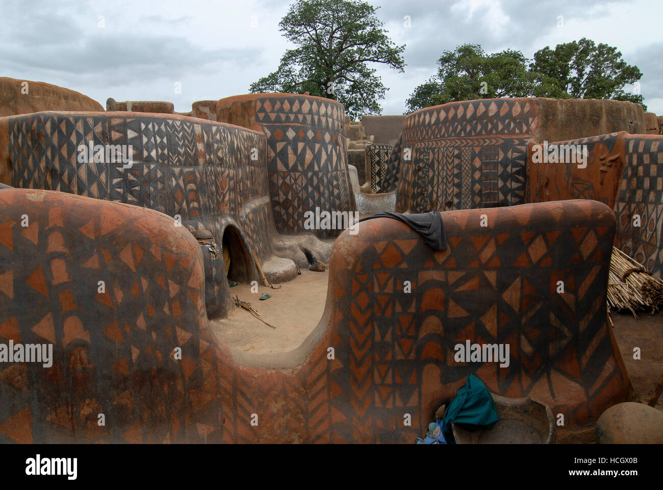 BURKINA FASO, Po, village Tiebele of Kassena tribe , clay huts with ...