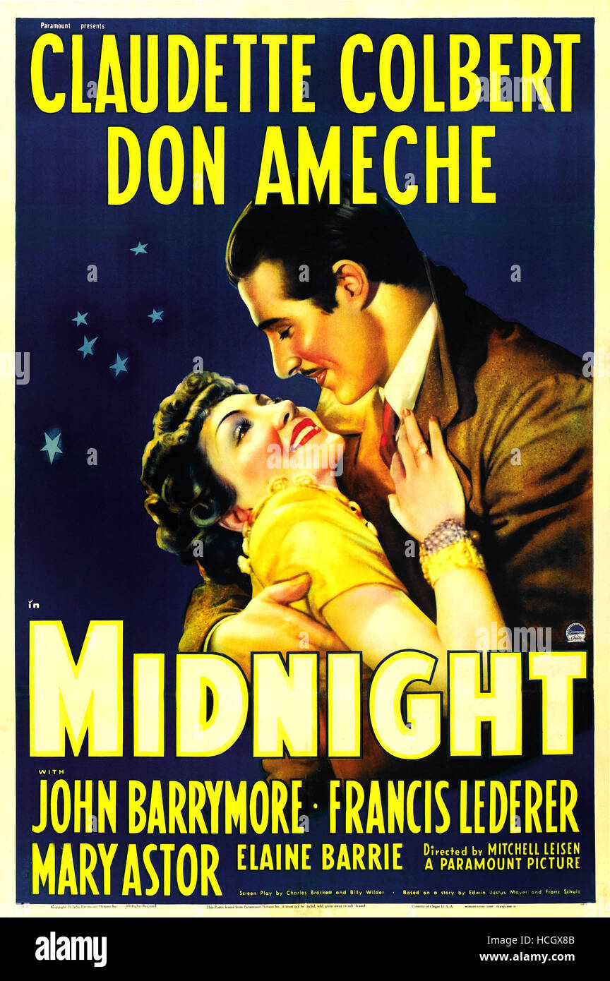 MIDNIGHT, US poster art, from left: Claudette Colbert, Don Ameche, 1939 ...
