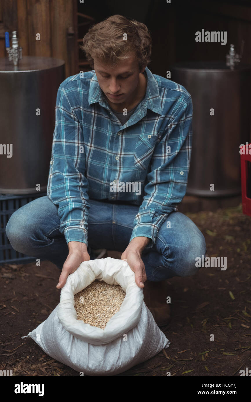 Man holding sack of barley to prepare beer Stock Photo - Alamy