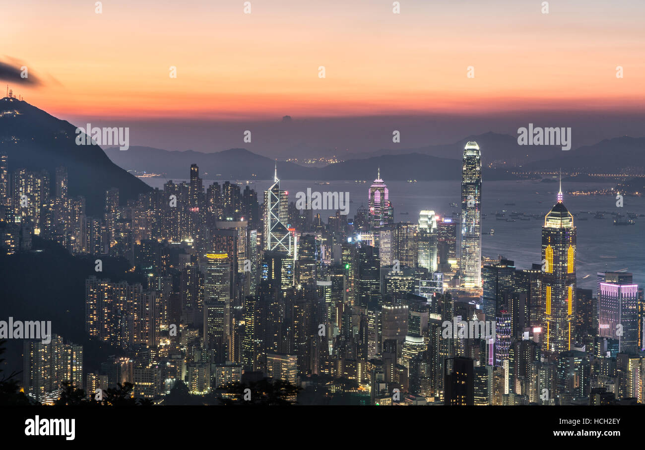 Aerial view of a stunning sunset over Hong Kong island Central business ...