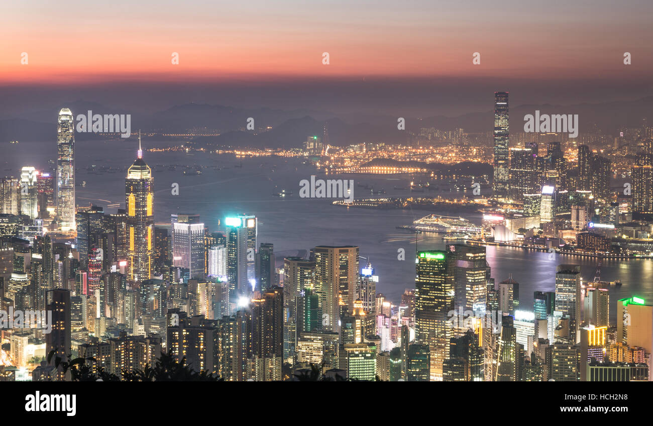 Aerial view of a stunning sunset over Hong Kong island Central business ...