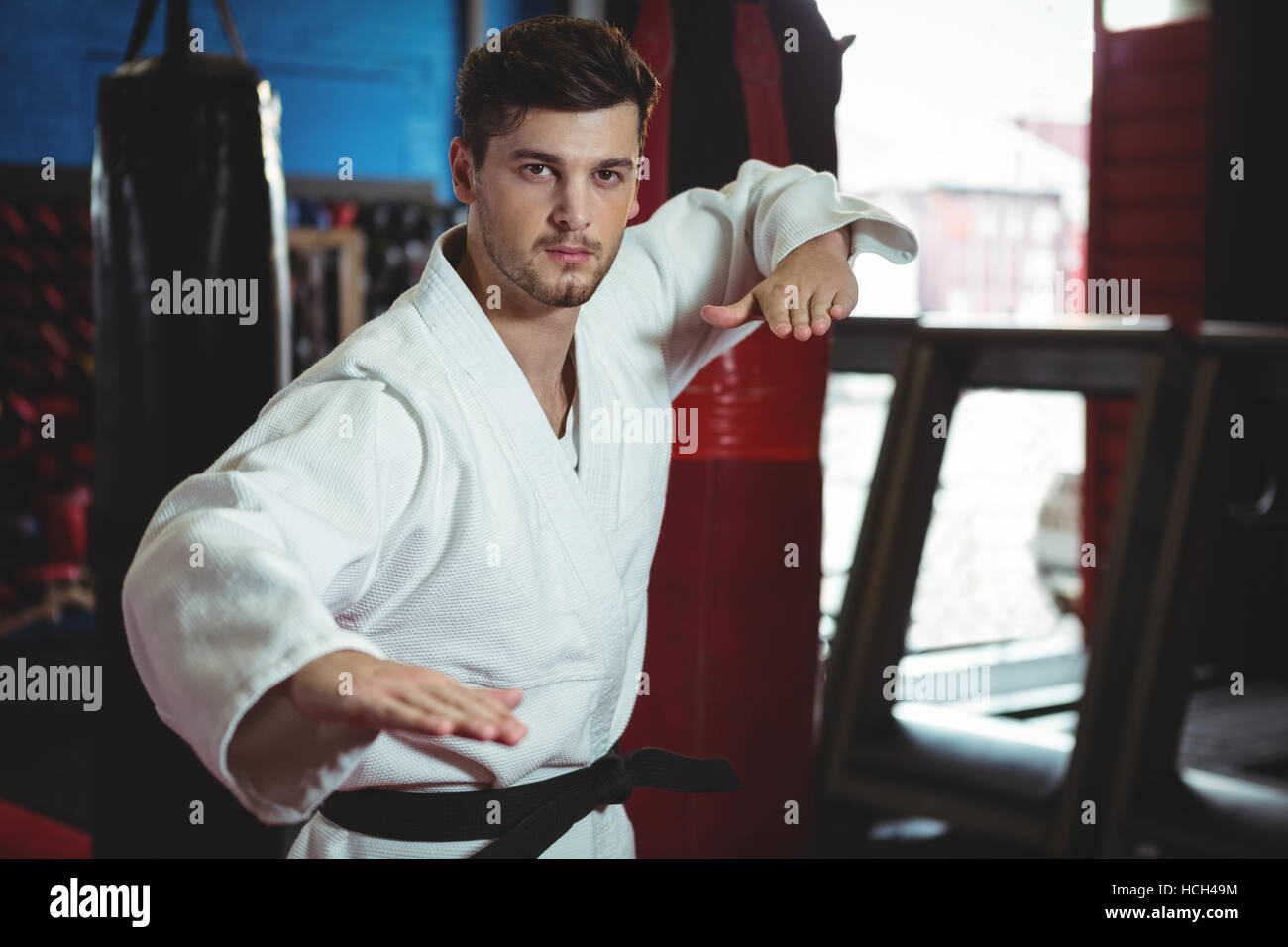 Karate player performing karate stance Stock Photo - Alamy