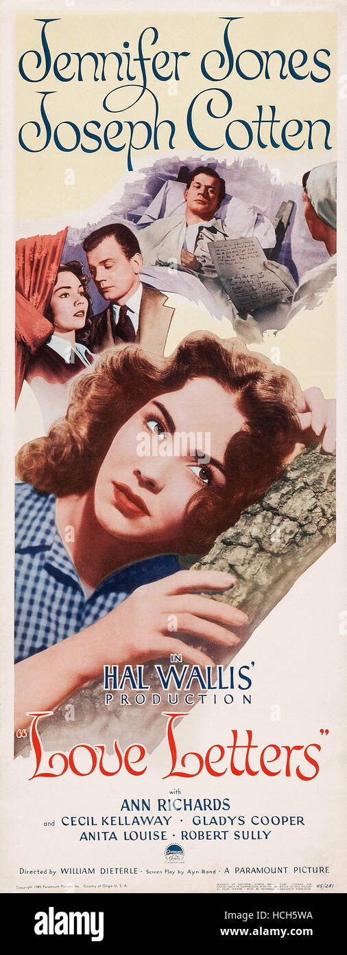 LOVE LETTERS, US poster art, Joseph Cotten, Jennifer Jones, 1945 Stock ...