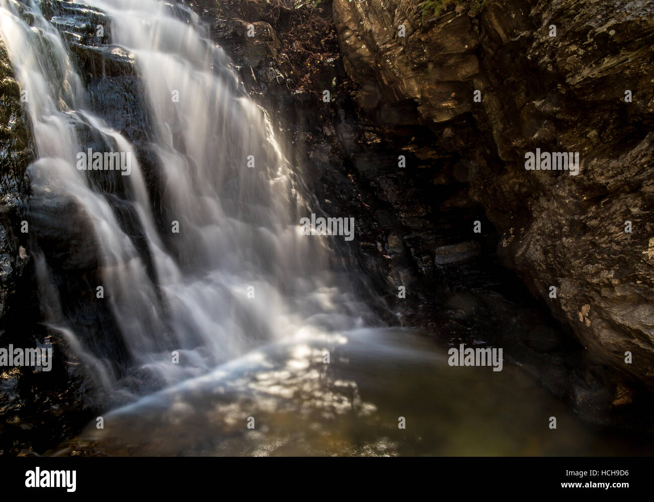 Small waterfall with long exposure water in a forest into a rocky cove ...