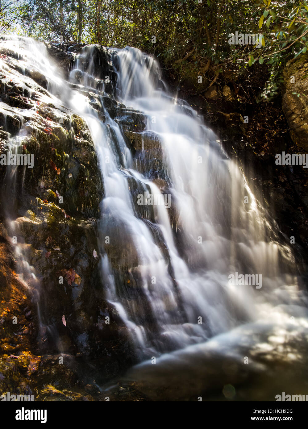 Small waterfall with long exposure water in a forest with rocky sides ...