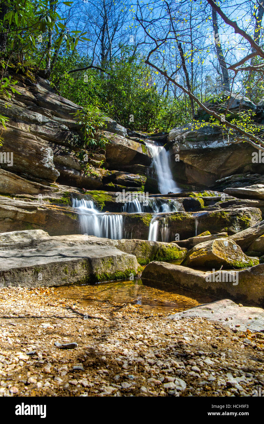 Small waterfall with multiple terraces and landing pools on large rocks ...