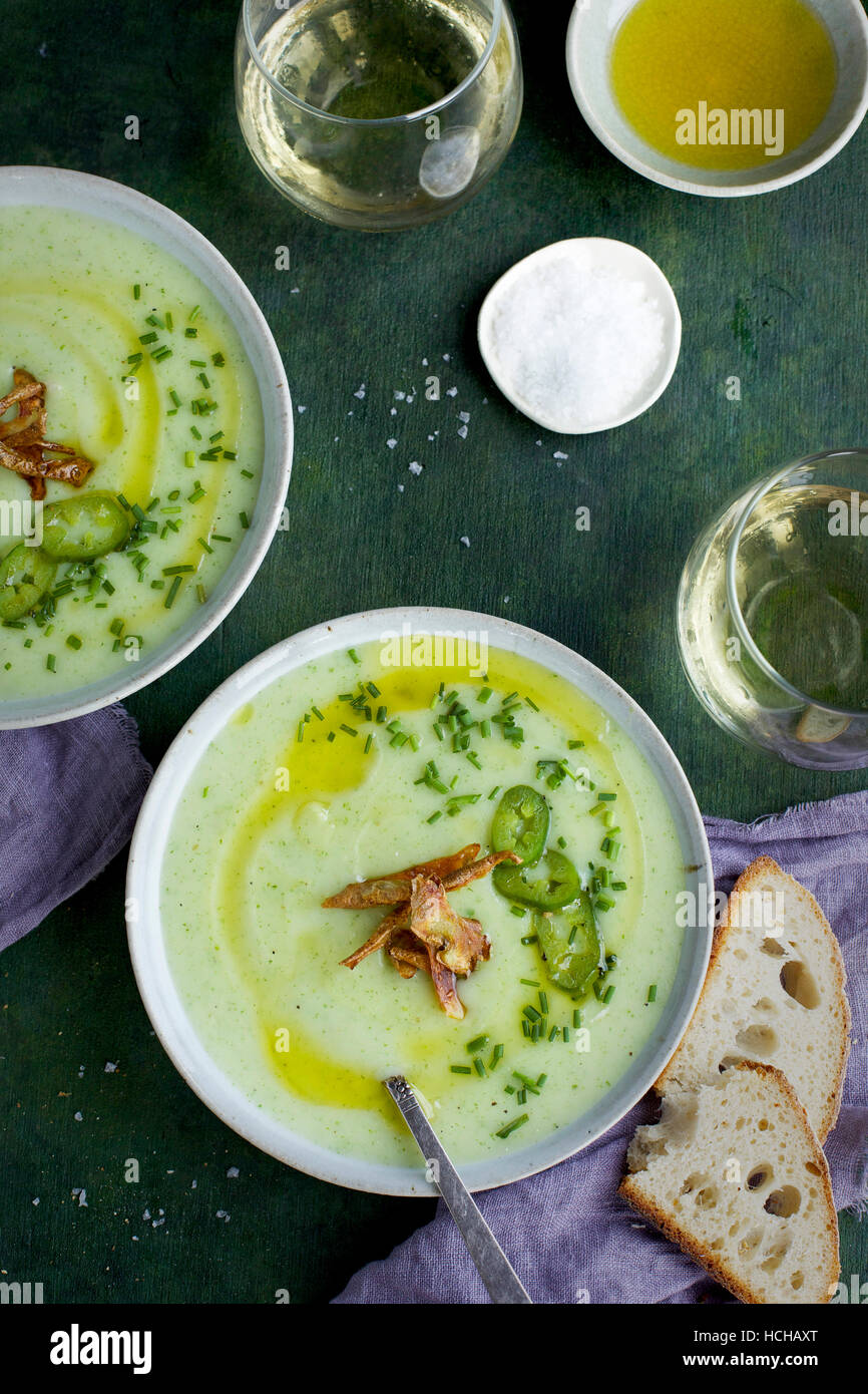 Cream of Potato Chive Soup with Chili Oil, Roasted Jalapeno and Crispy ...