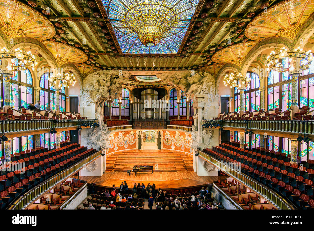 Interior view of the Palau de la Musica Catalana or Palace of Catalan ...