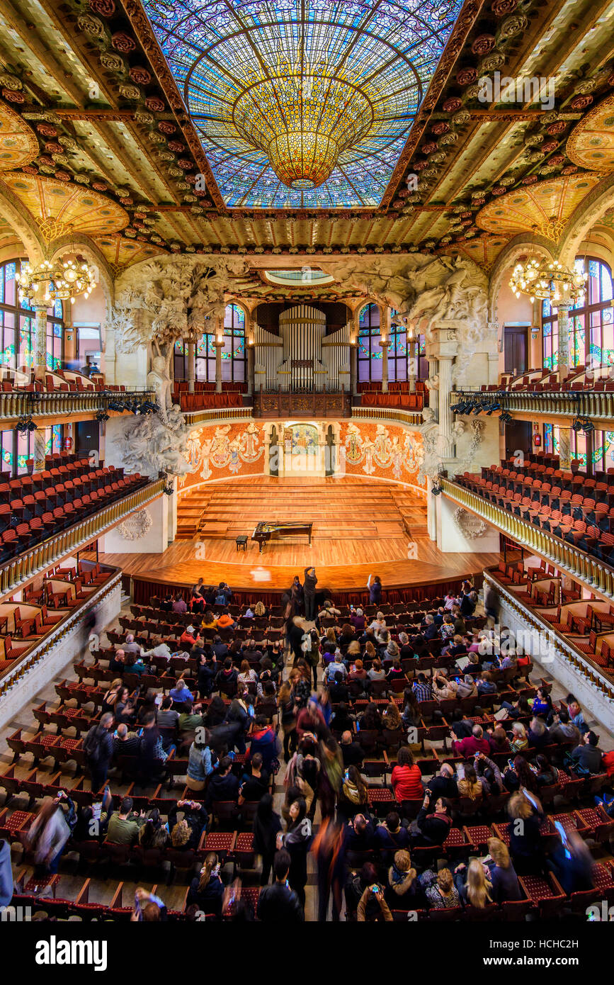 Interior view of the Palau de la Musica Catalana or Palace of Catalan ...