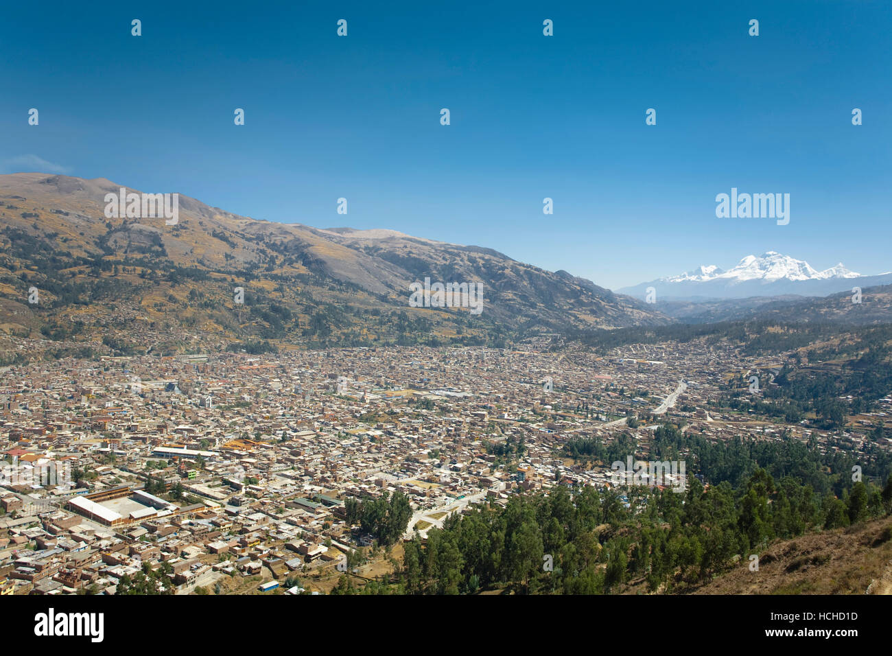 Panoramic view of Huaraz city. In the background appears the Huascaran ...