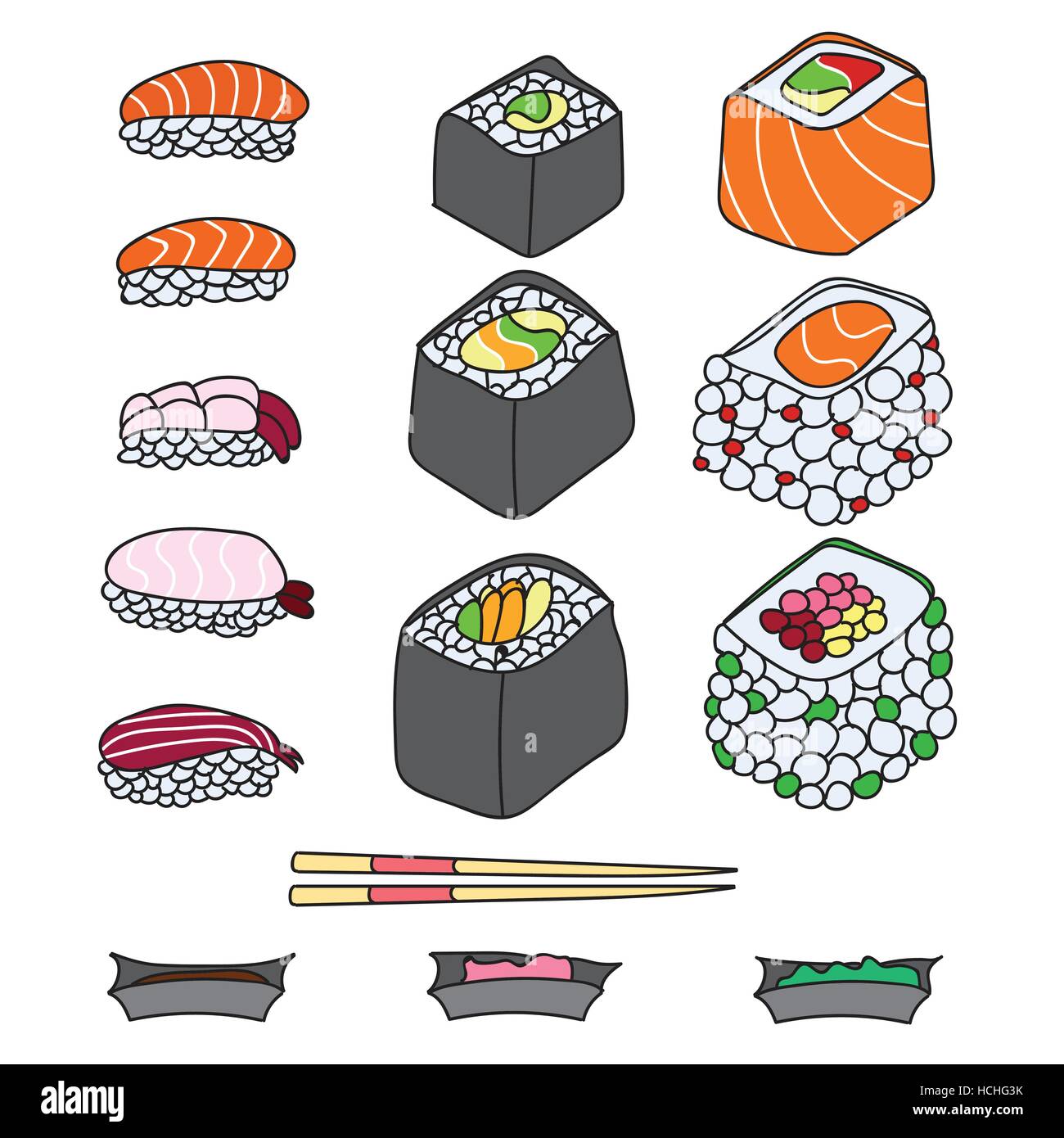 Set of various different types of sushi isolated on white background ...