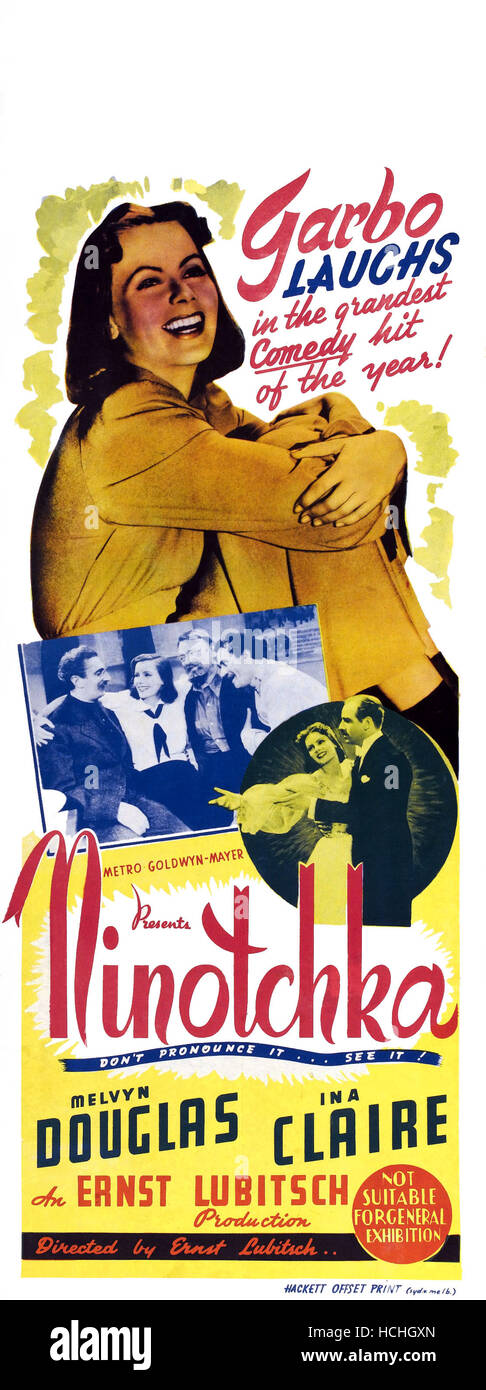 NINOTCHKA, Australian poster art, circle insert: Greta Garbo, Melvin Douglas, 1939 Stock Photo ...