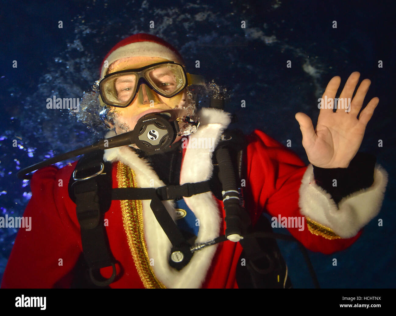 Berlin, Germany. 9th Dec, 2016. Head aquarist Martin Hansel feeds fish ...
