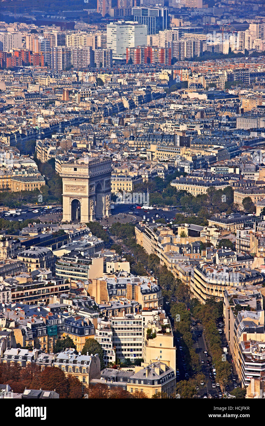 View of the Arc de Triomphe ("Arch of Triumph) from the top of the Eiffel Tower. Paris, France ...