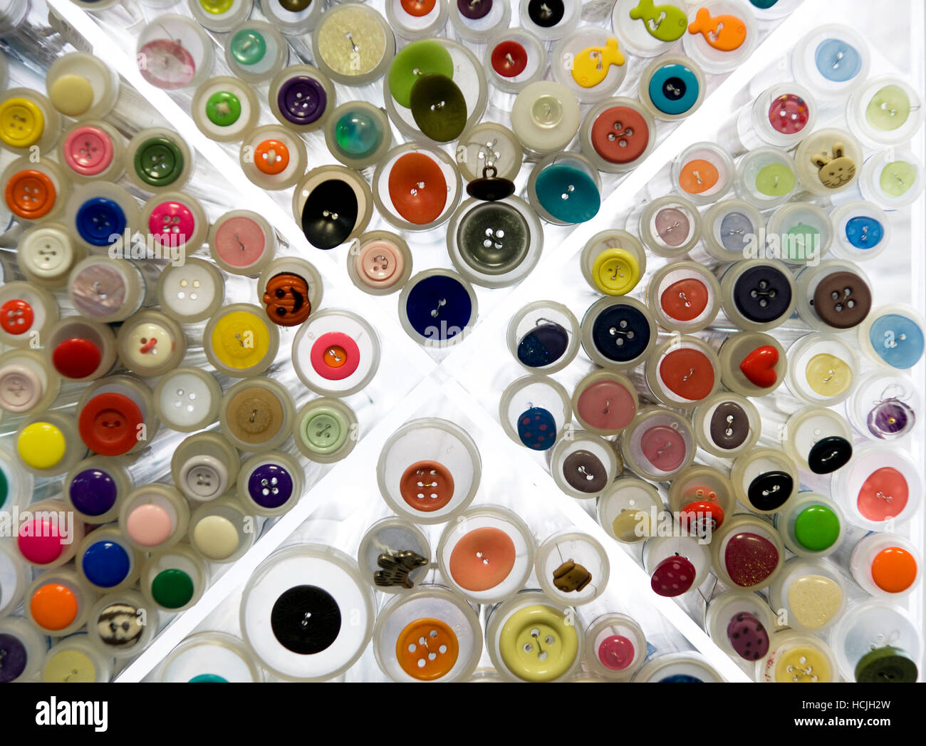 Buttons of various colors and sizes on display in a shop in Washington ...