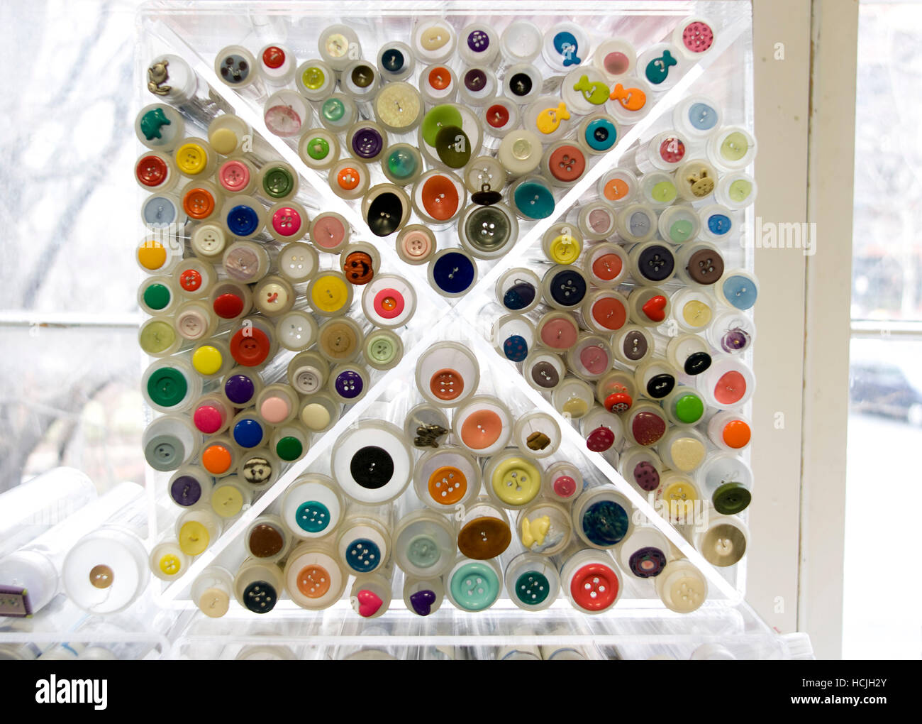Buttons of various colors and sizes on display in a shop in Washington ...