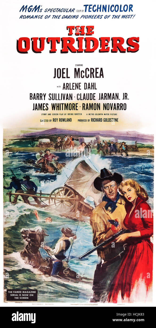 THE OUTRIDERS, US poster art, from left: Joel McCrea, Arlene Dahl, 1950 ...
