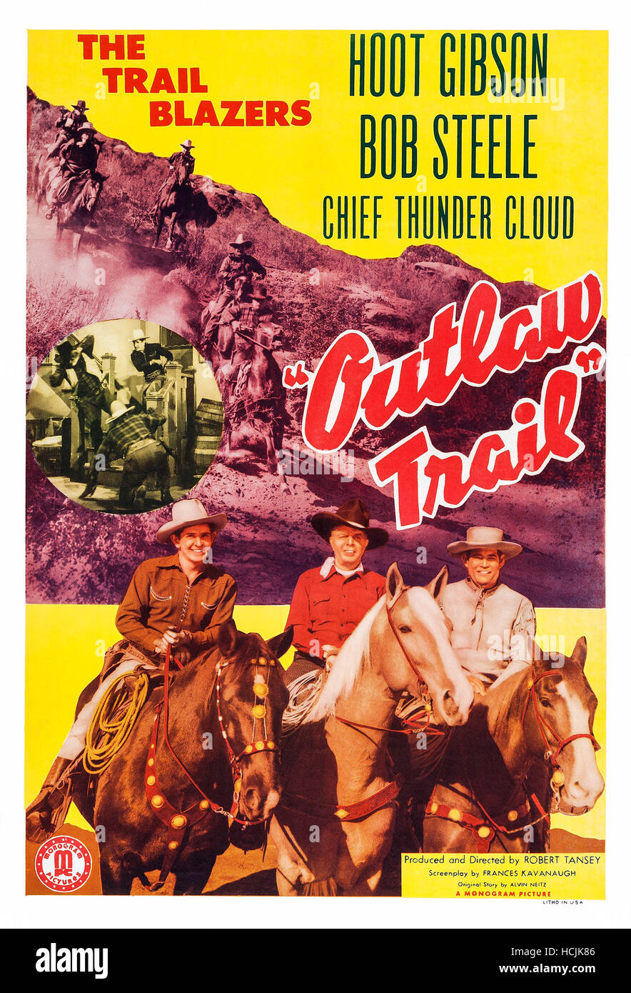 OUTLAW TRAIL, US poster art, from left: Bob Steele, Hoot Gibson, Chief ...