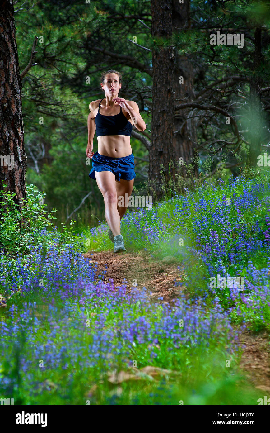 Laura Shultz trail running in Lefthand Canyon near Boulder, CO Stock ...