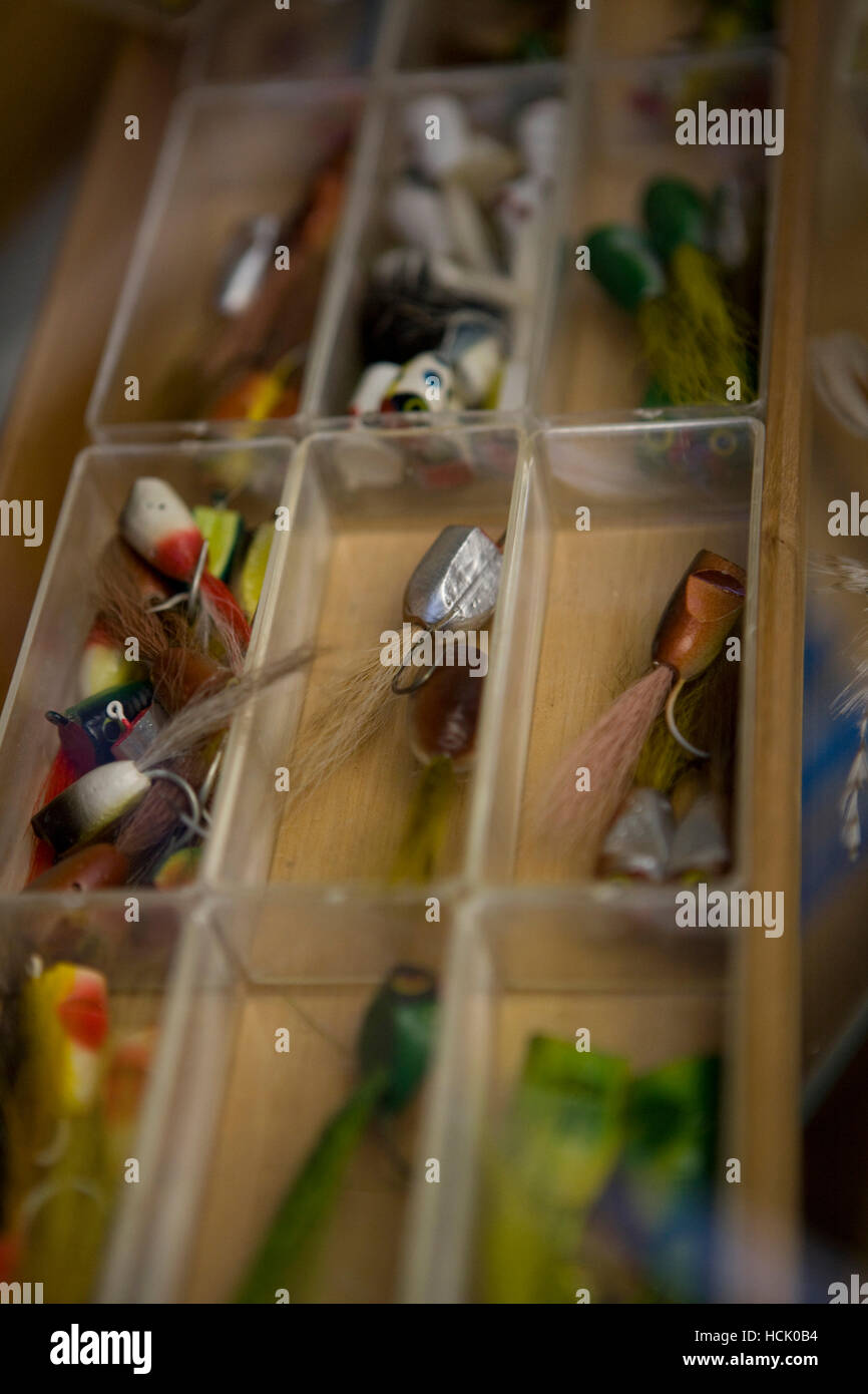 Antique fly fishing flies are organized in a wooden box Stock Photo - Alamy