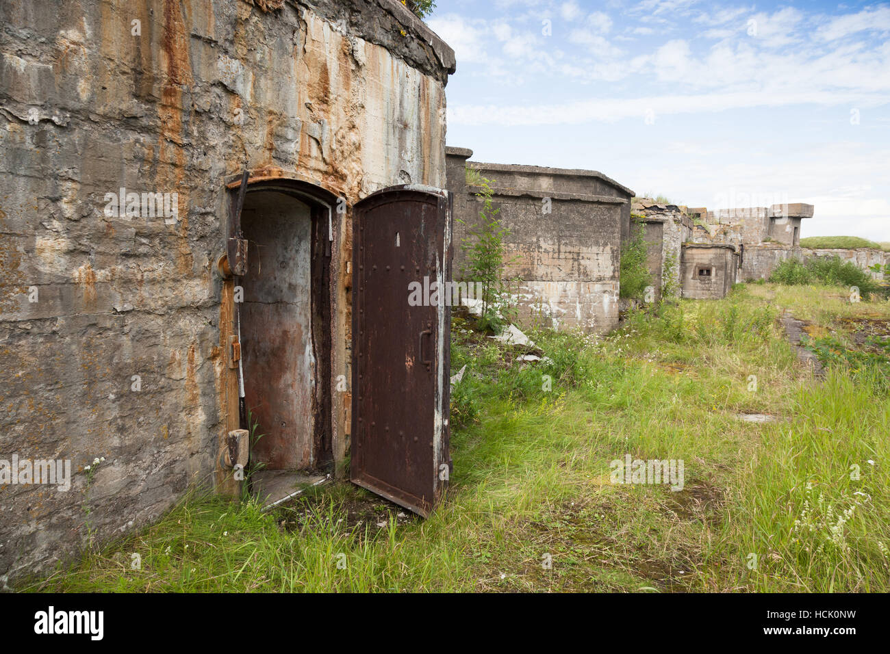 Entrance to abandoned concrete bunker from WWII period on Totleben fort ...