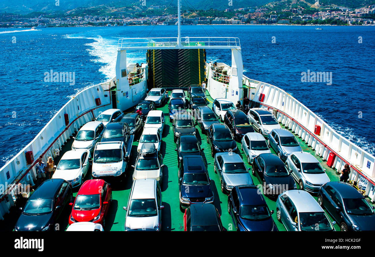 Strait of Messina, ITALY - August 18 2016: Top view of vehicles and ...