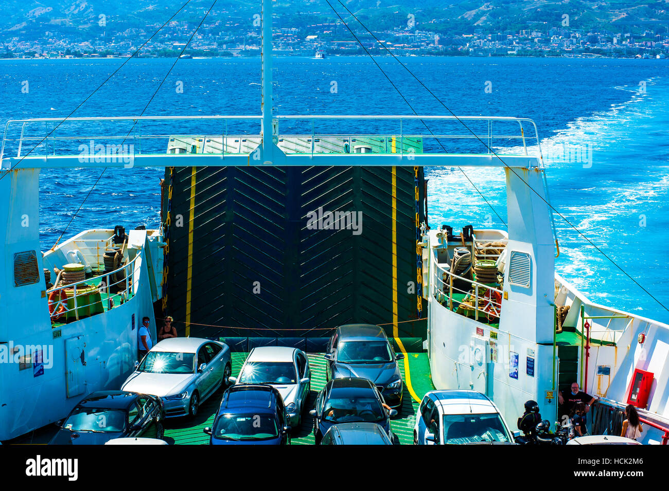 Strait of Messina, ITALY - August 18 2016: Top view of vehicles and ...