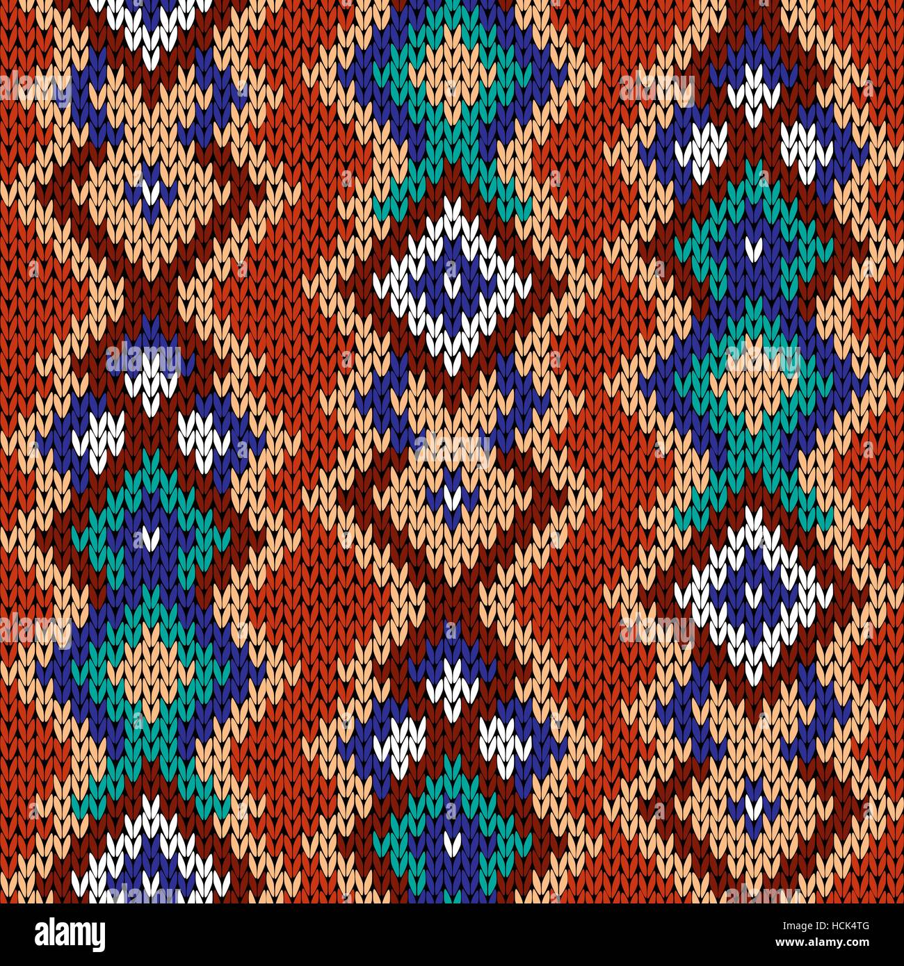 Knitted background red, brown, blue, turquoise, beige and white colors ...