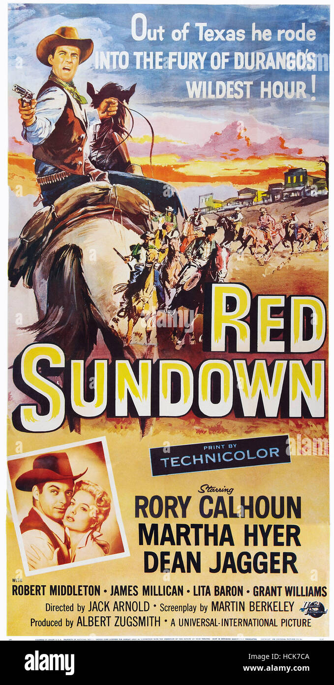 RED SUNDOWN, US poster art, bottom inset: Rory Calhoun, Martha Hyer ...