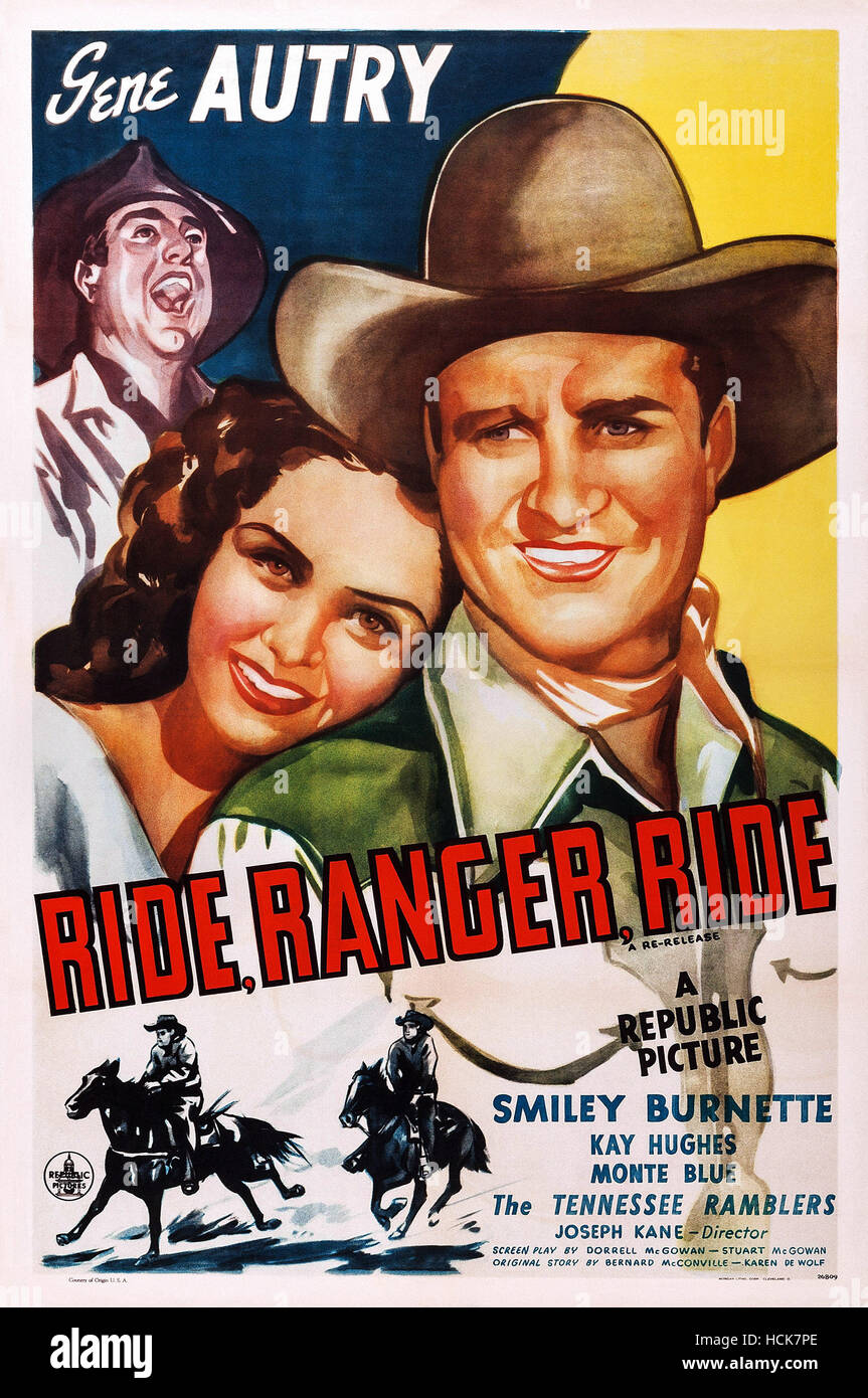 RIDE, RANGER, RIDE, US poster, from left: Smiley Burnette, Kay Hughes ...