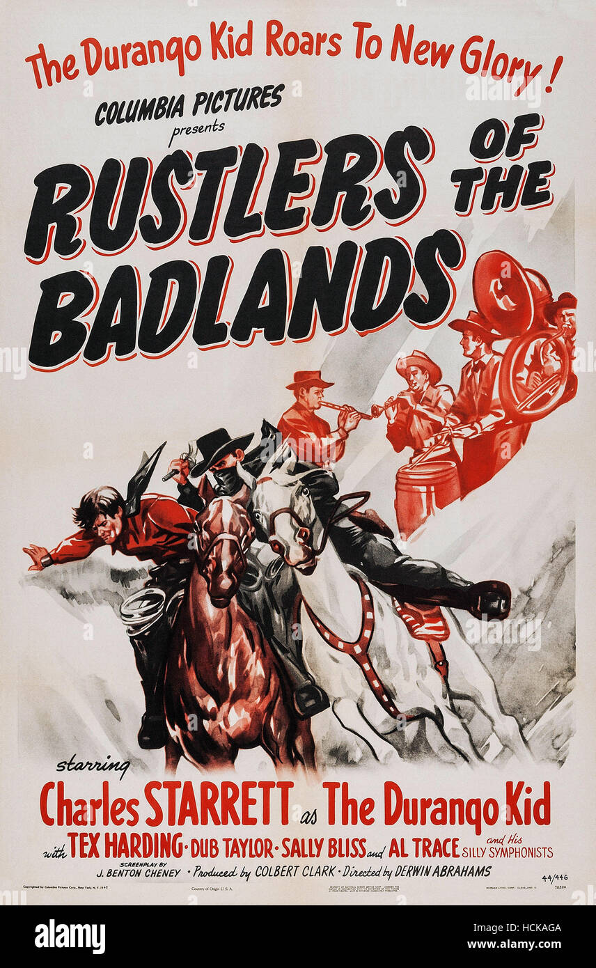 RUSTLERS OF THE BADLANDS, US poster art, Charles Starrett (masked ...