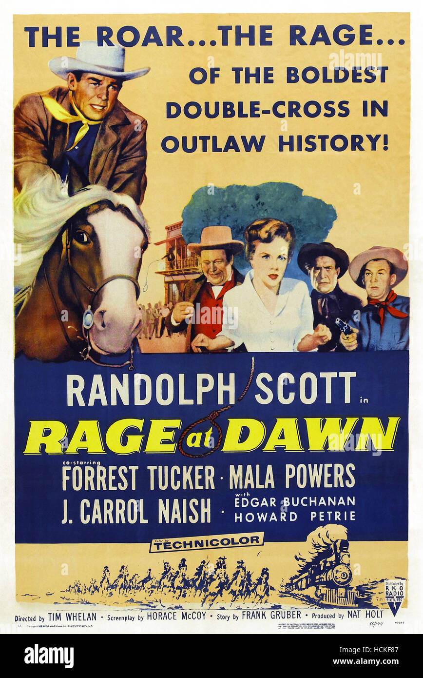RAGE AT DAWN, from left: Randolph Scott, Edgar Buchanan, Mala Powers, J ...