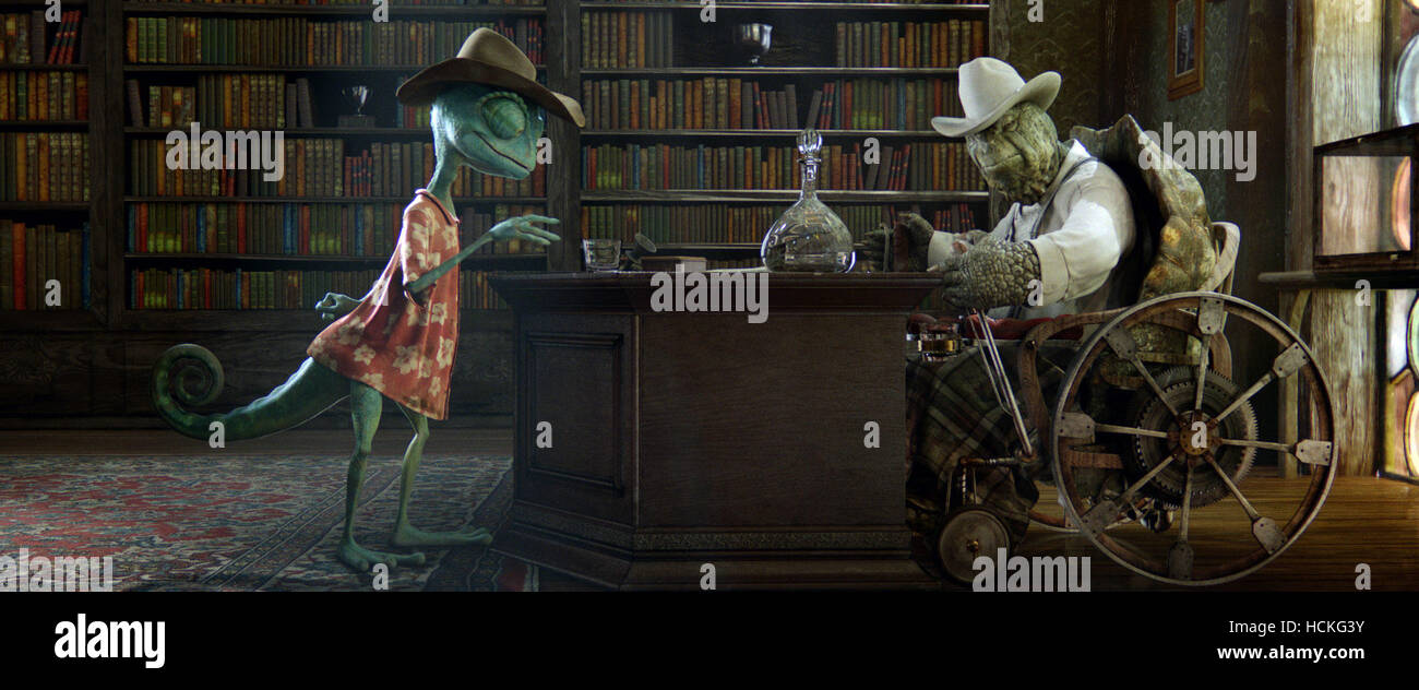 RANGO, from left: Rango (voice: Johnny Depp), Mayor (voice: Ned Beatty ...