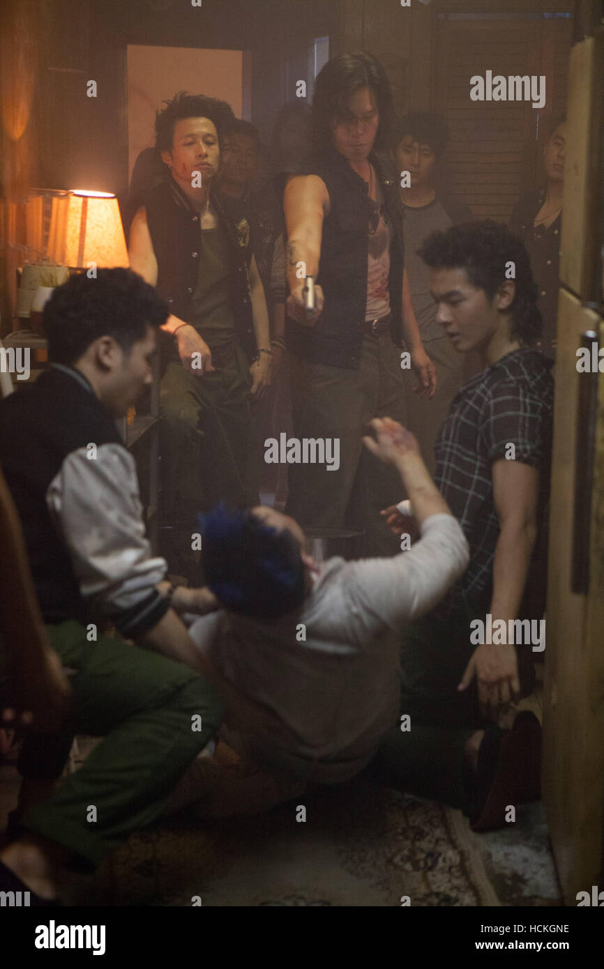 REVENGE OF THE GREEN DRAGONS, Carl Li (back left), Leonard Wu (with gun ...