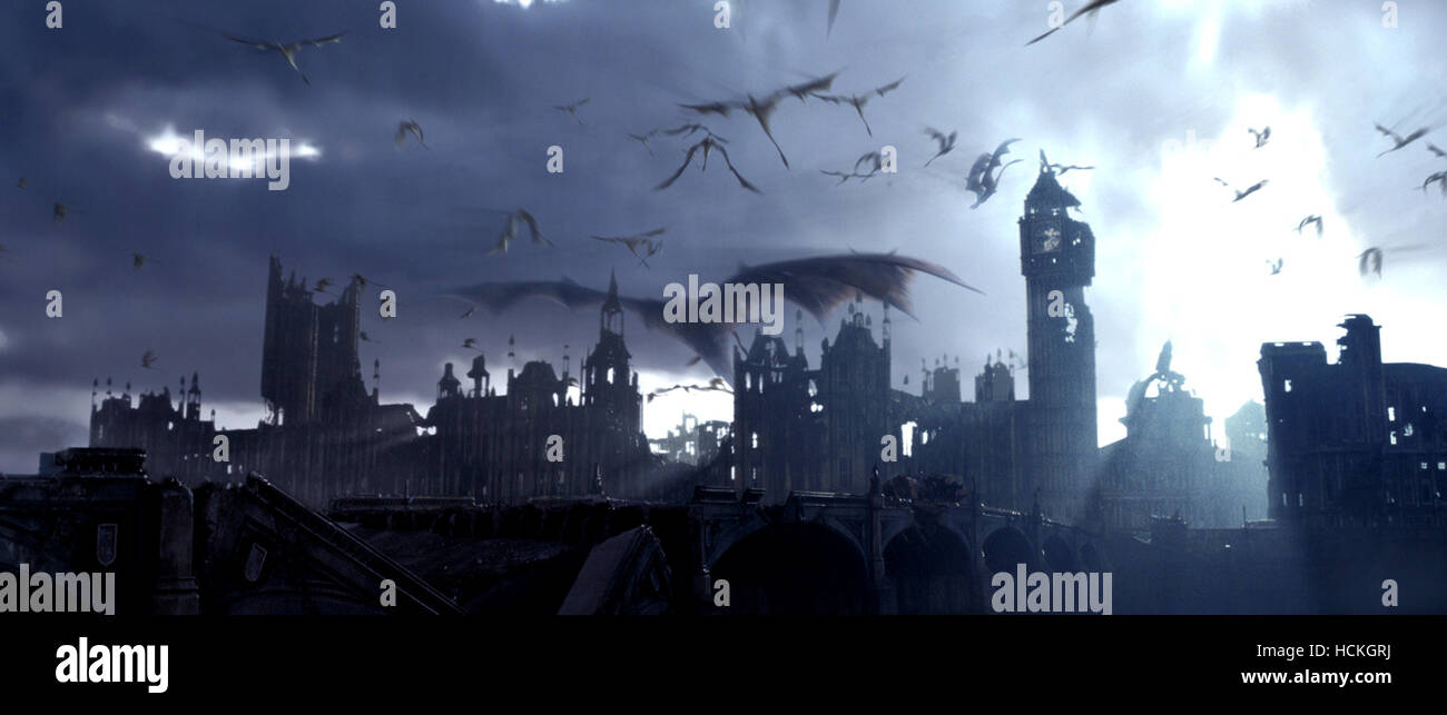 REIGN OF FIRE, dragon and offspring flying over ruins of London, 2002 ...