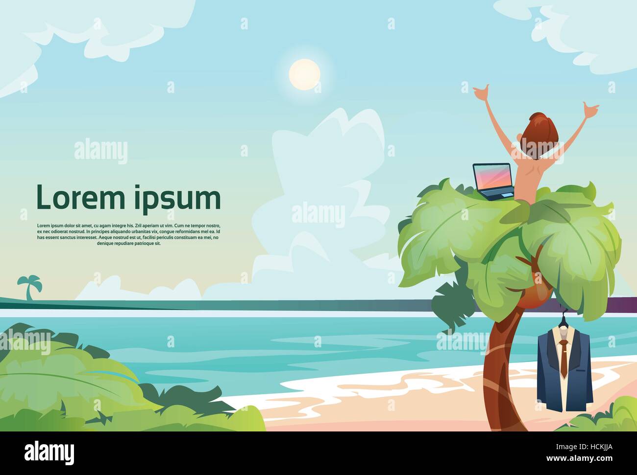 Man Freelance Remote Working Place Palm Tree Using Laptop Beach Summer ...