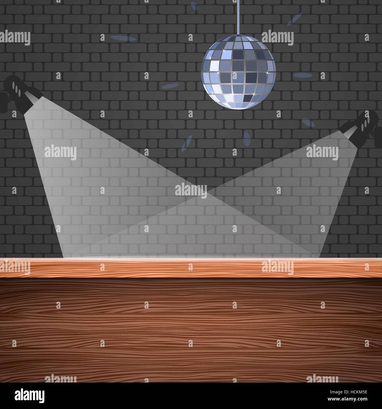 Vector empty bar background with brick wall ,wooden table and disсo ...